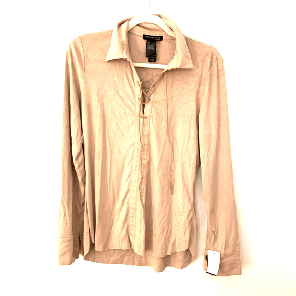 Kenneth Cole | Tops | Kenneth Cole Tan Long Sleeve Laceup Collared ...